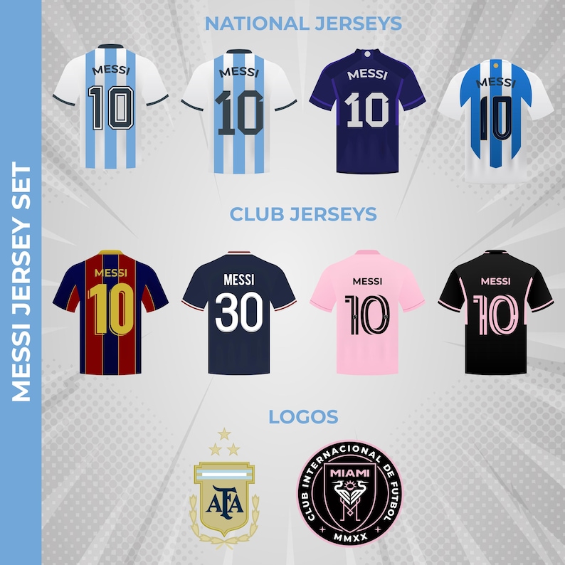 Lionel Messi Jersey Vector Art | Argentina & Club Jerseys Set | Digital ...