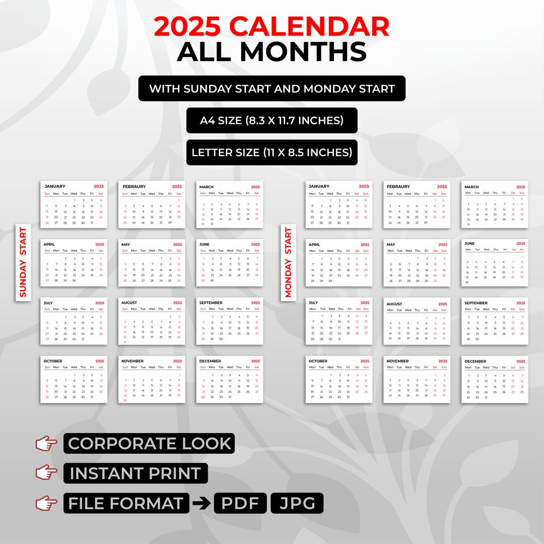 2025 Monthly Calendar Design With Corporate Look and Week Starts From ...
