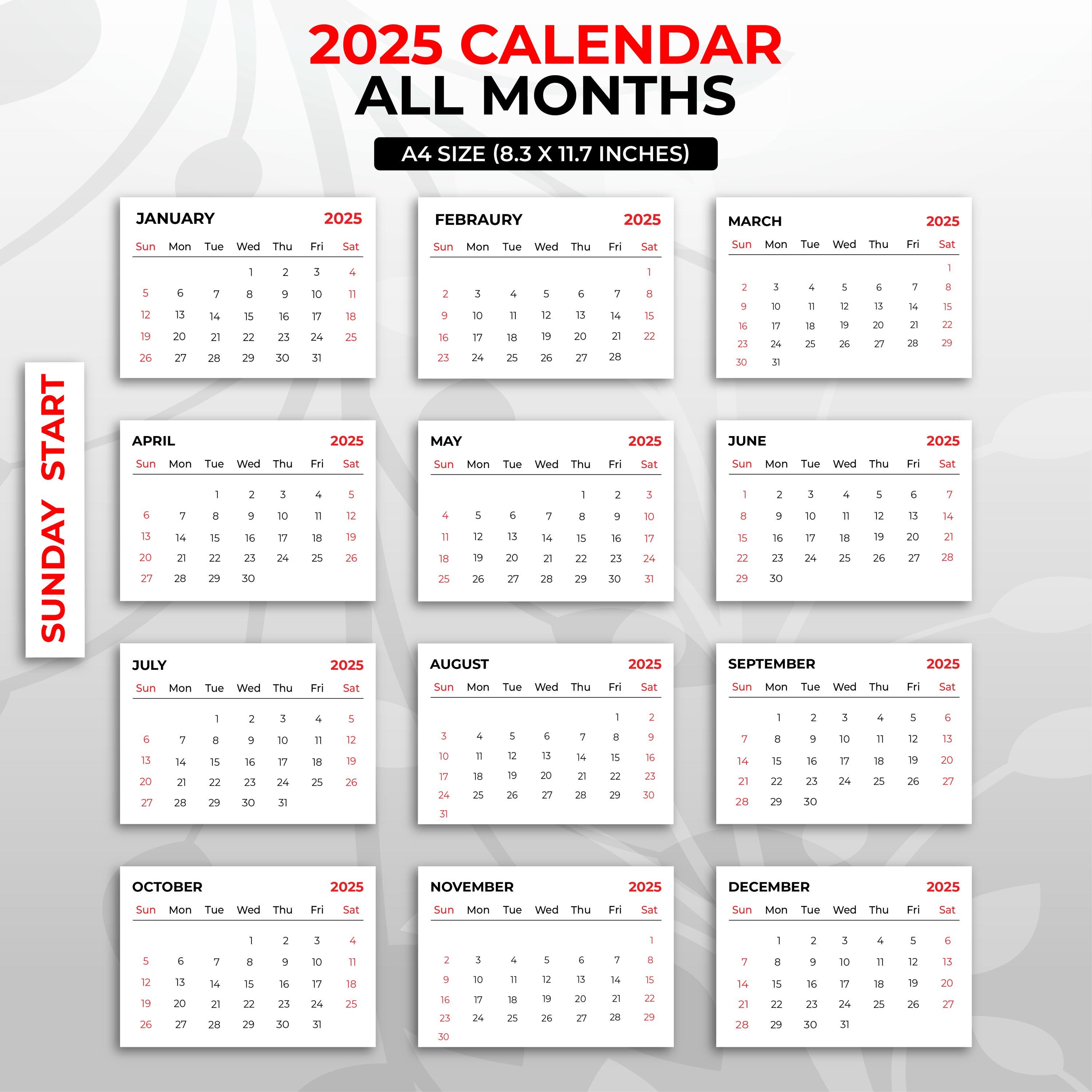 2025 Monthly Calendar Design With Corporate Look and Week Starts From ...