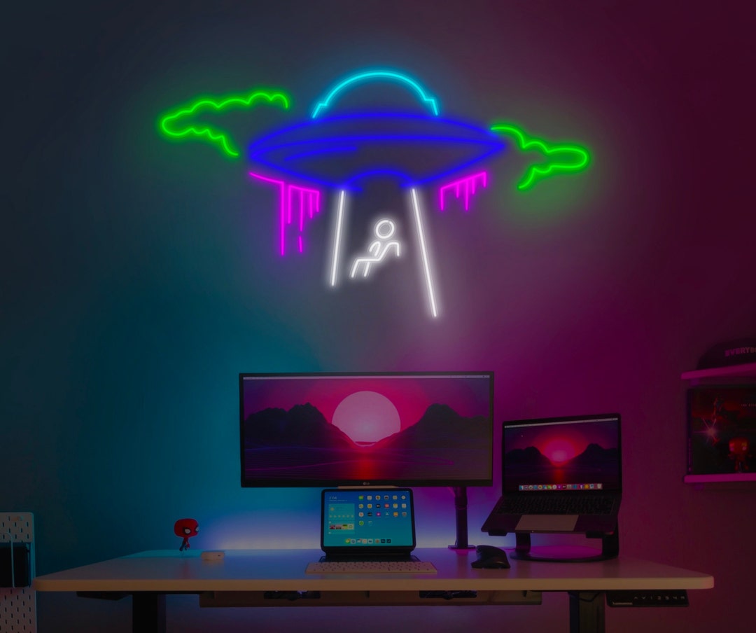 Spaceship Design Neon Sign, Spaceship and Person Wall Art Neon, Kids ...