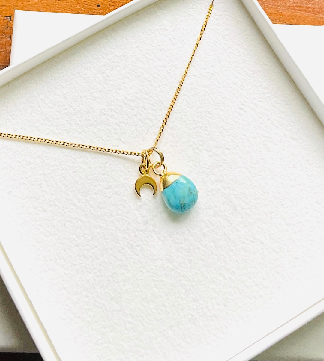 Gold Turquoise Charm Necklace, December Birthday Gift for Her, Crescent ...