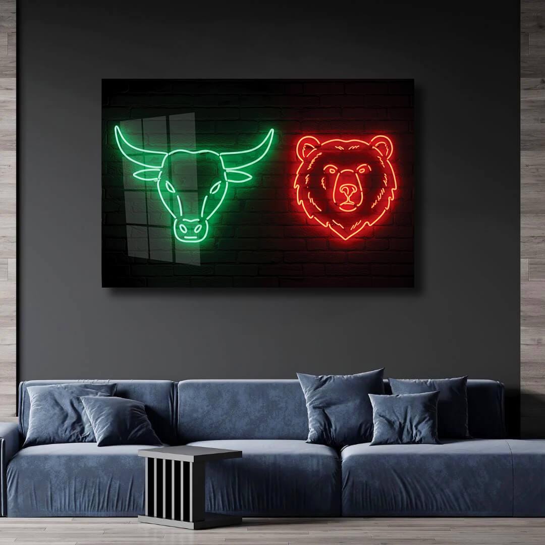 Neon Bull and Bear Market Symbols Canvas Art Inspirational Office Wall ...