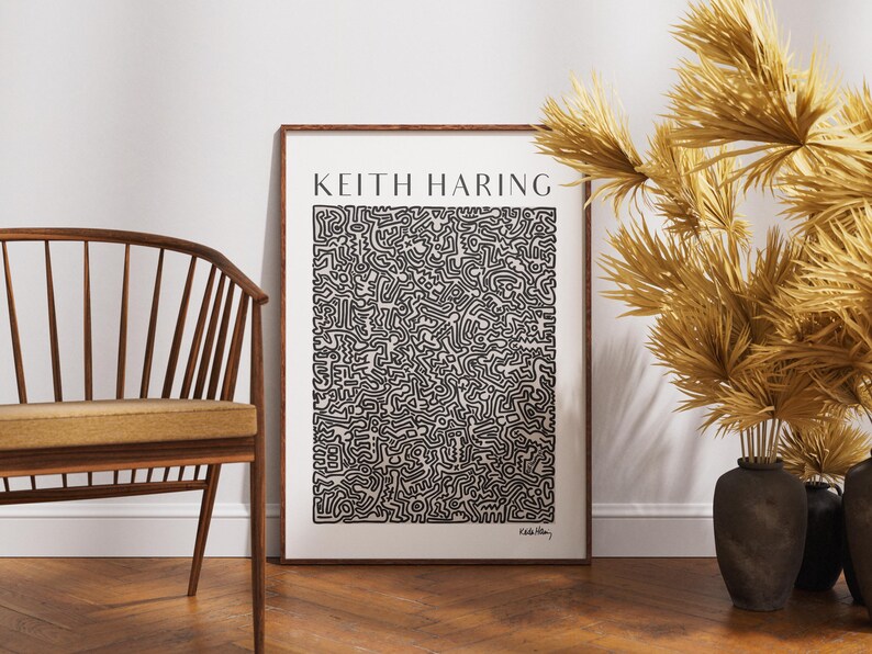 Keith Haring Black and White Line Art Print, Minimalist Pop Art Digital ...