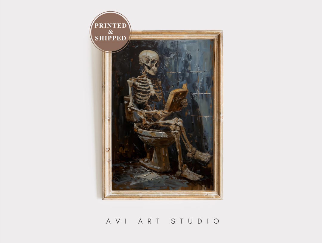 Skeleton on Toilet, Skeleton in Bathroom Art, Dark Academia, Halloween ...