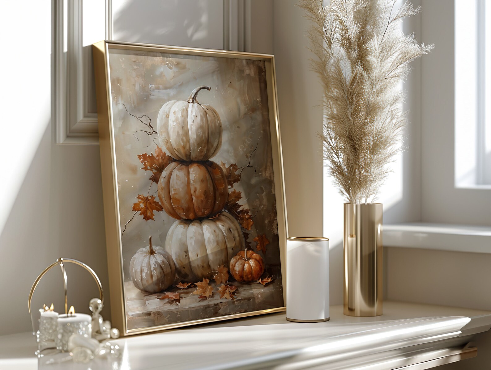 Fall Wall Decor Pumpkin Still Life Painting Rustic Fall Art Vintage ...