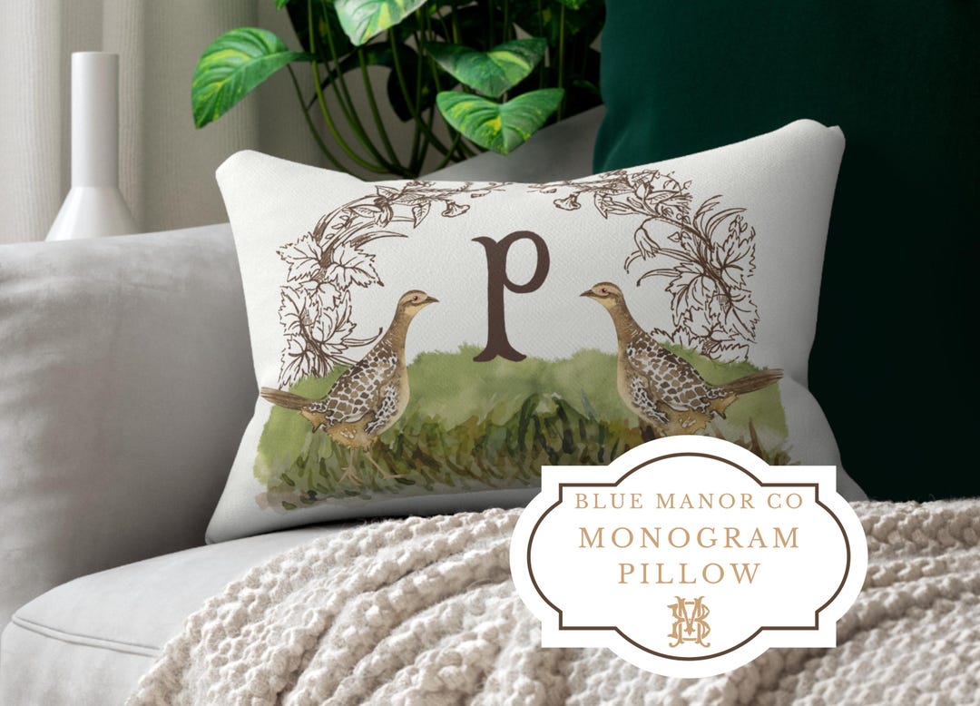 Monogram Pheasant Pillow With Insert| Spode Inspired Woodland| Prairie Birds| Sportsman Pillow ...