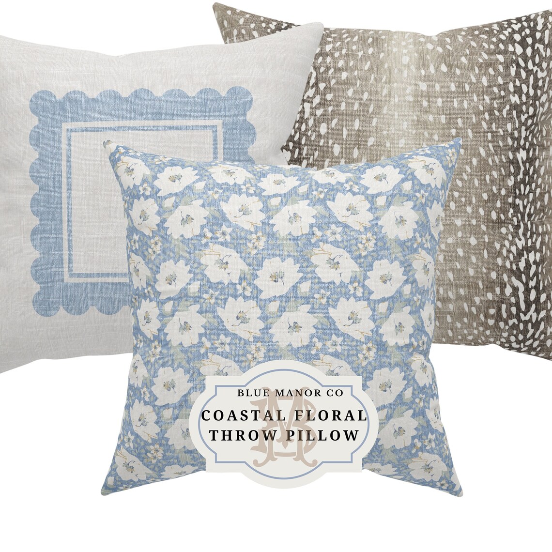 Coastal Blue and White Pillow With Insert| Floral Accent Pillow| Grand ...