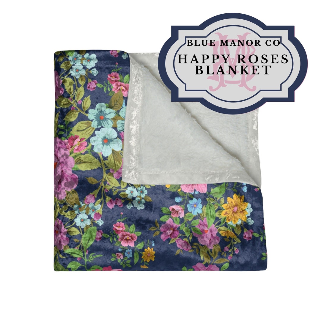 Pink Roses Crushed Velvet Blanket| Vibrant Roses| Botanical Blue Floral ...