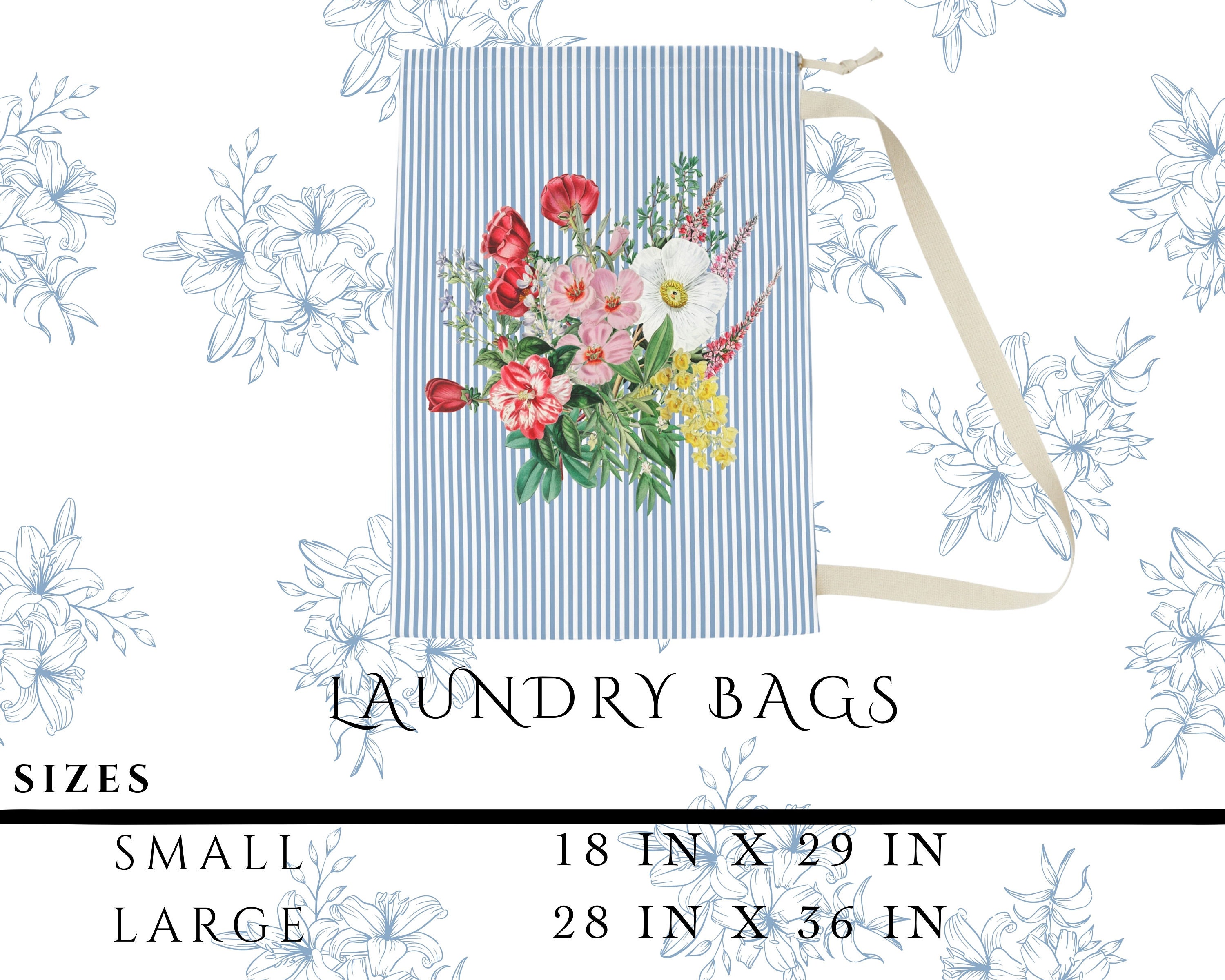Hamptons Floral Laundry Bag| Hampton's Style| Coastal Blue & White ...
