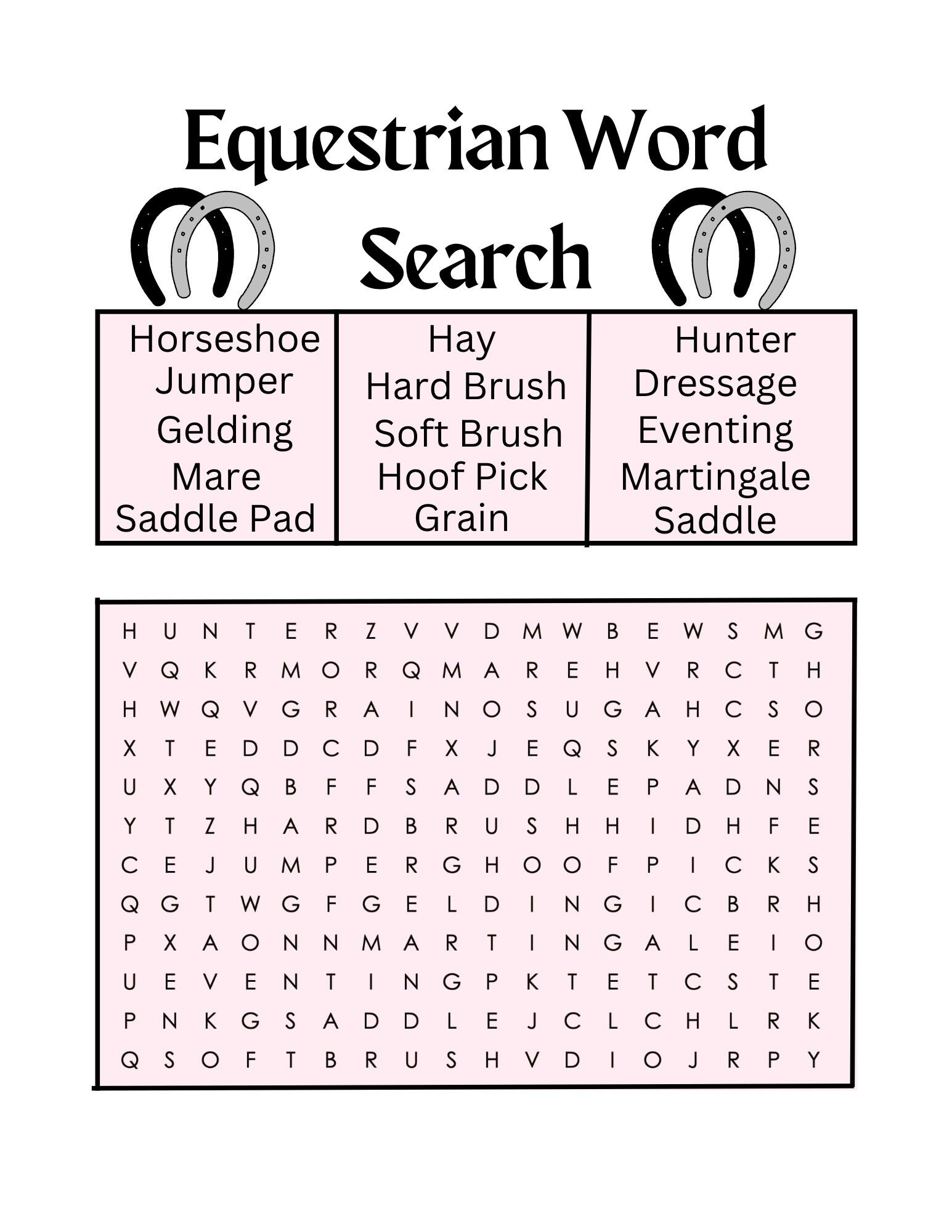 Digital Download WORD SEARCH for Children, Equestrian Word Search ...
