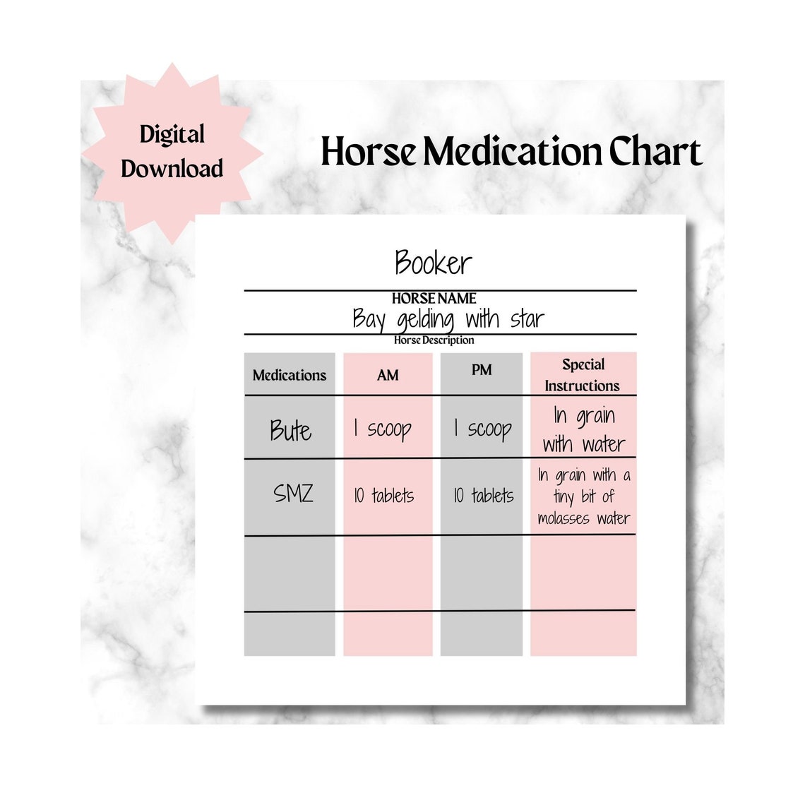 Digital Download, Horse Medication Chart, Equine Feeding, Chart Makes ...
