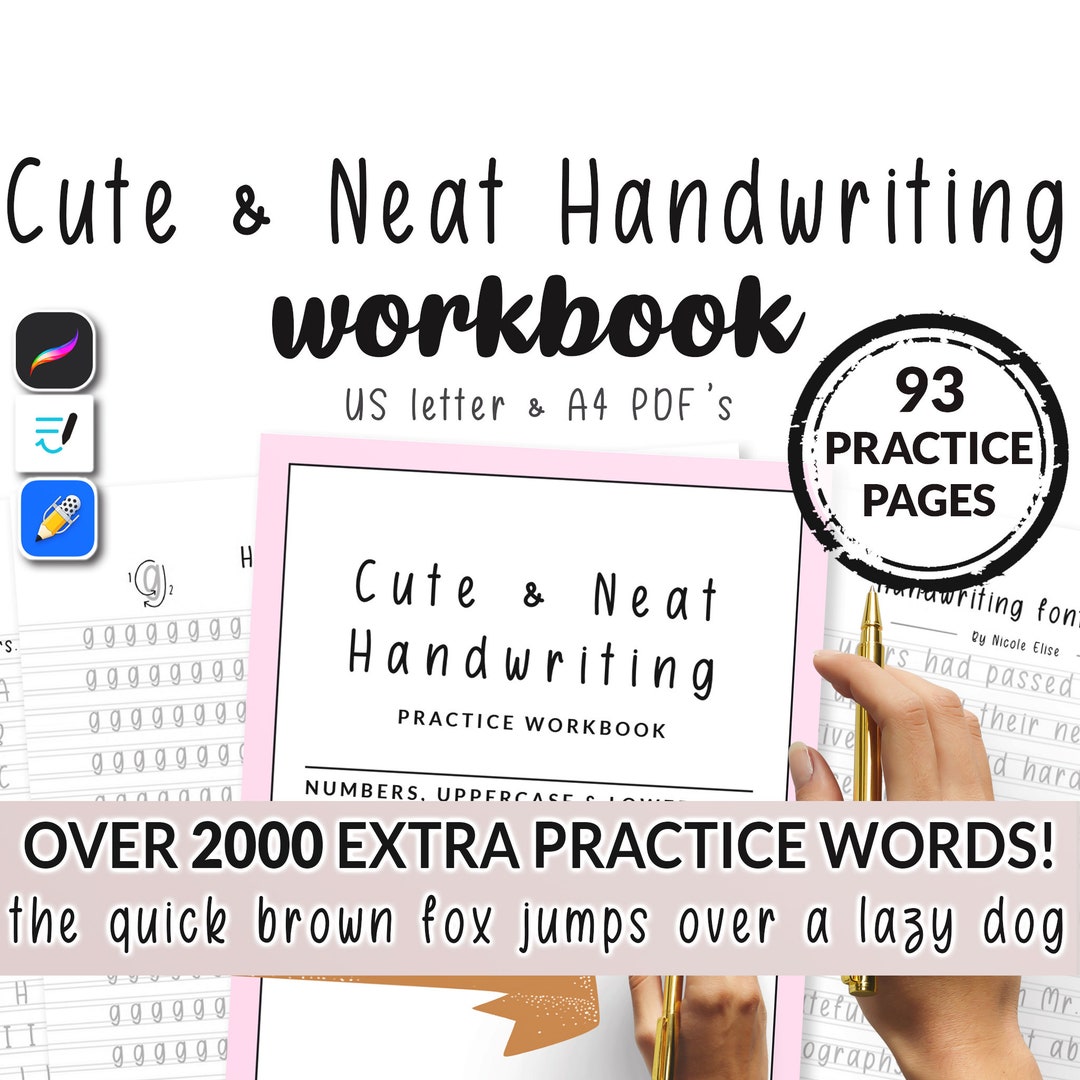 93 Page Cute & Neat Hand Writing Workbook | Practice Sheet Guide | Printable iPad Template ...