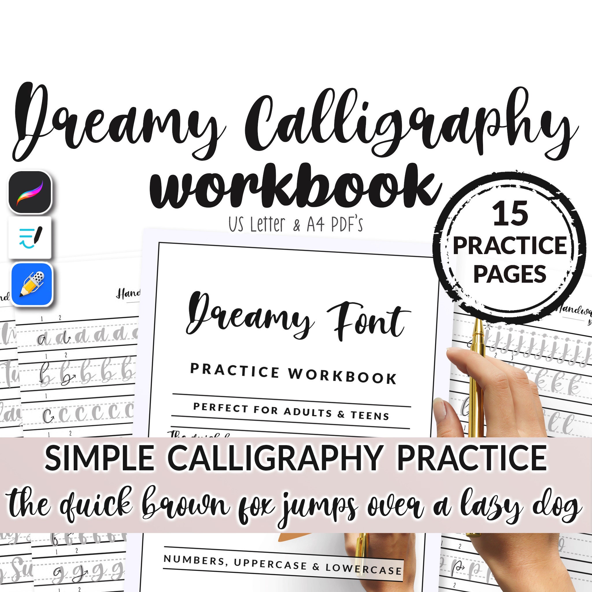15 Page Dreamy Calligraphy Hand Writing Workbook PDF Practice Sheet ...