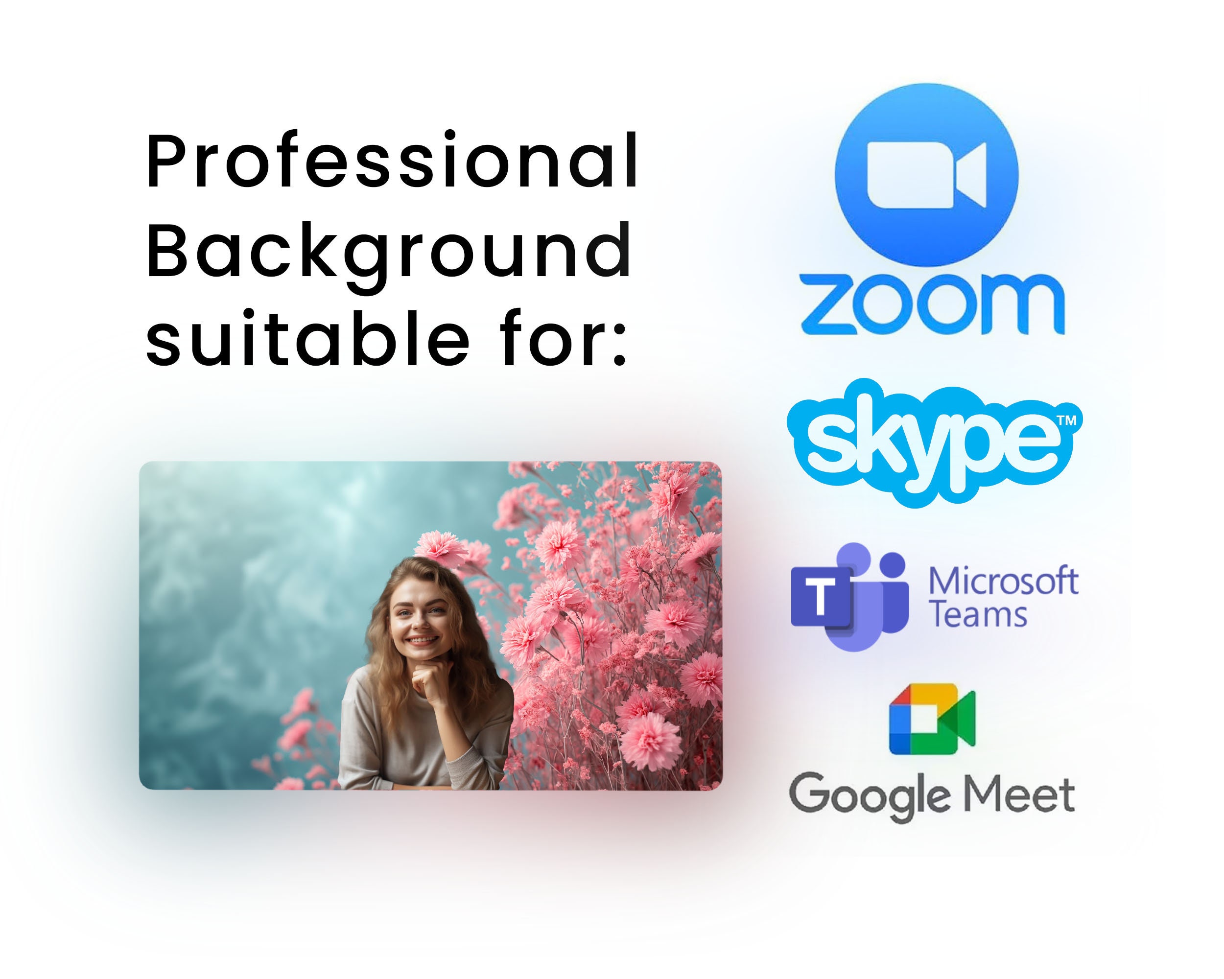 Realistic Virtual Background of Romantic Pink Flowers With Blue and ...