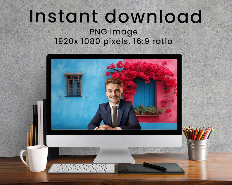 Realistic Virtual Background of Blue Wall With Romantic Red Flowers in ...