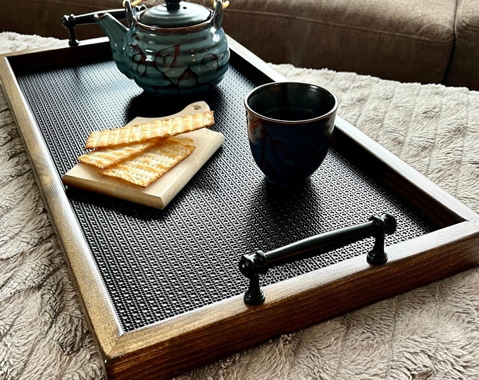 Dark Walnut Wood Tray With Black Metal Inlay Ottoman Board Elegant ...