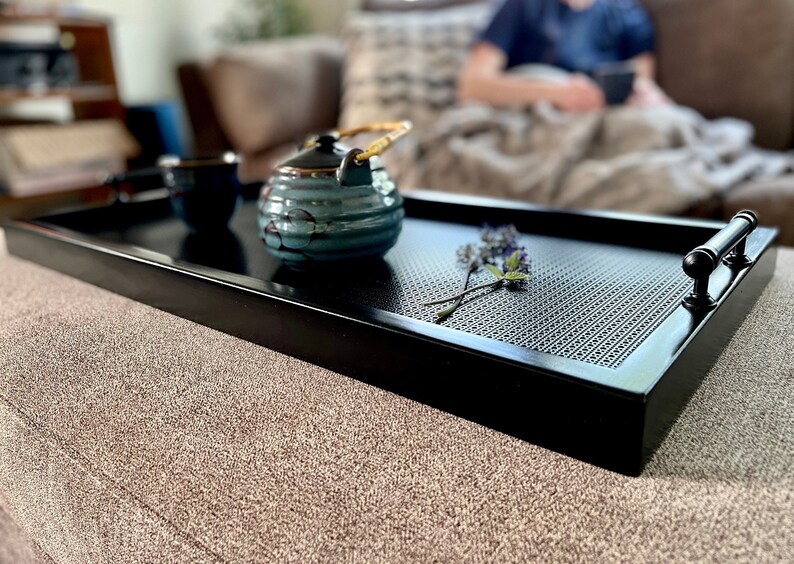 Black Wood Tray With Black Metal Inlay Ottoman Board Elegant Serving ...