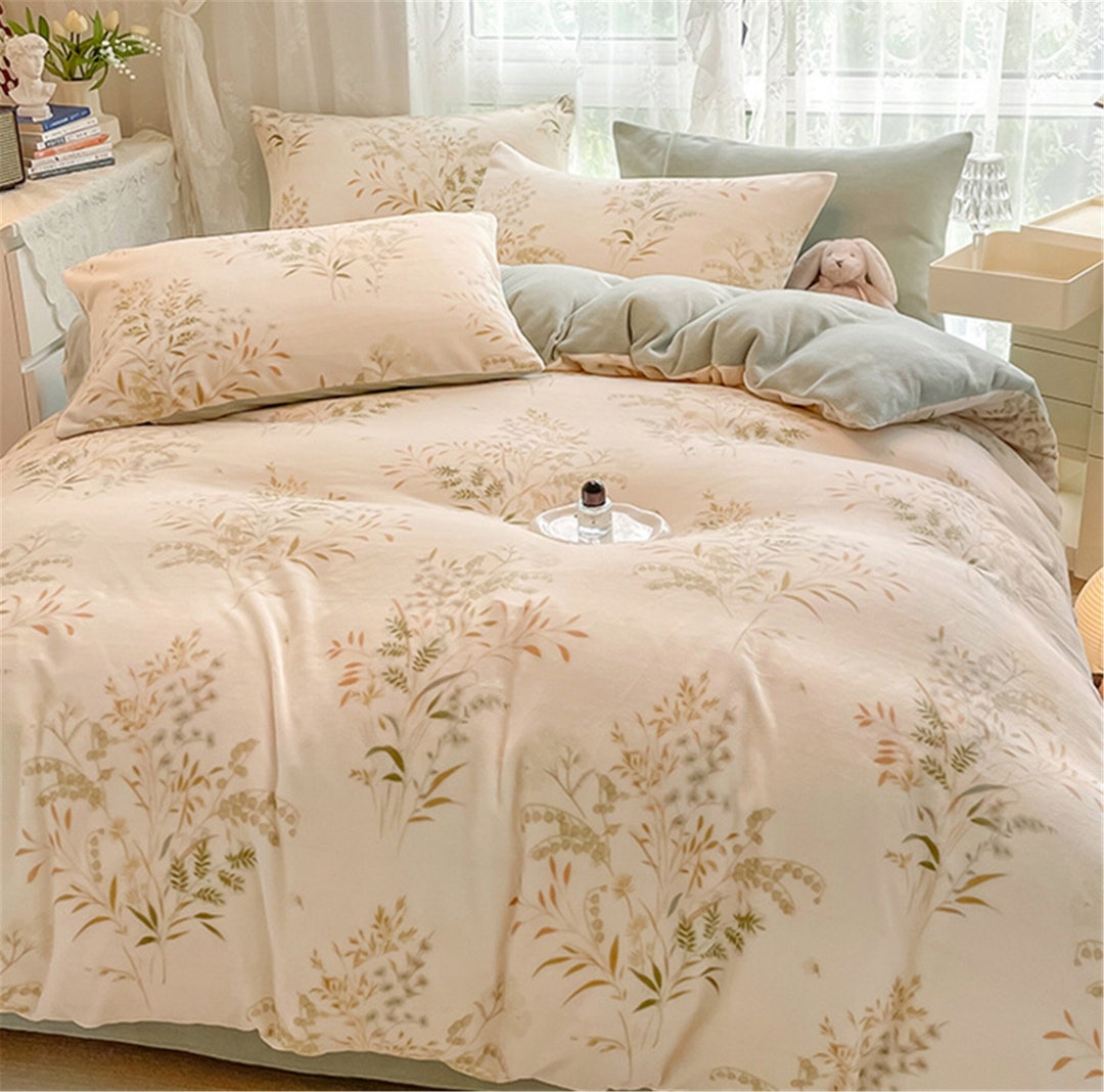 Fresh Grass Coral Velvet Duvet Cover Set Warm Milk Velvet - Etsy