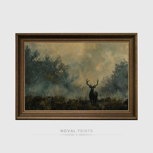 Rustic Deer Painting, Vintage Print, Landscape Painting Cabin Decor ...