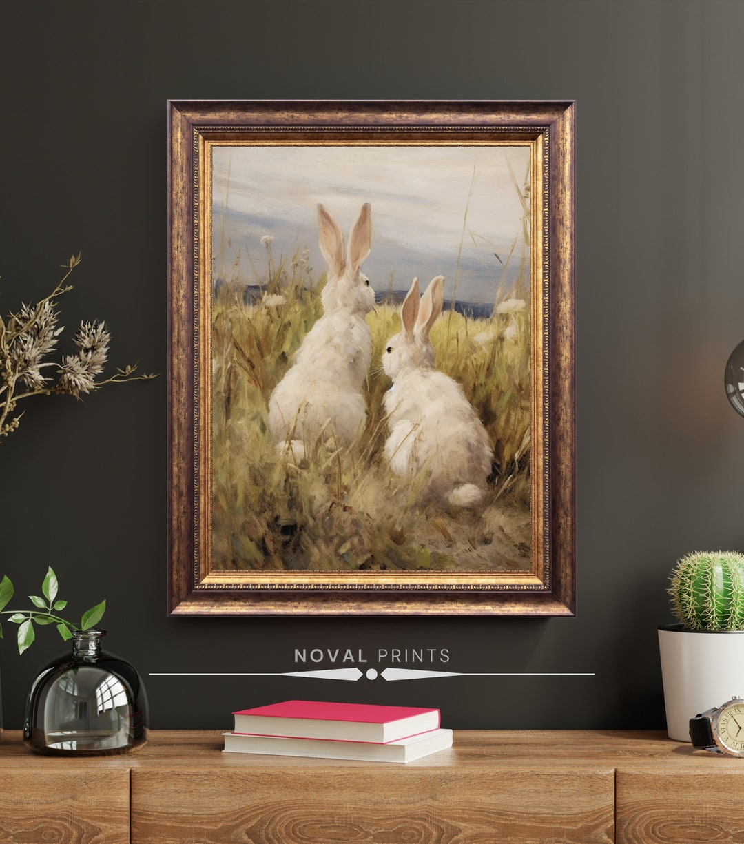 Bunnies in A Field Art Print, Vintage Easter Wall Art, Spring Artwork ...