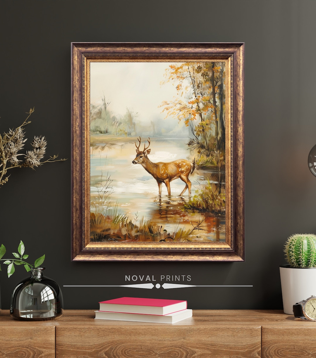 Rustic Deer Painting, Vintage Print, Landscape Painting Cabin Decor ...
