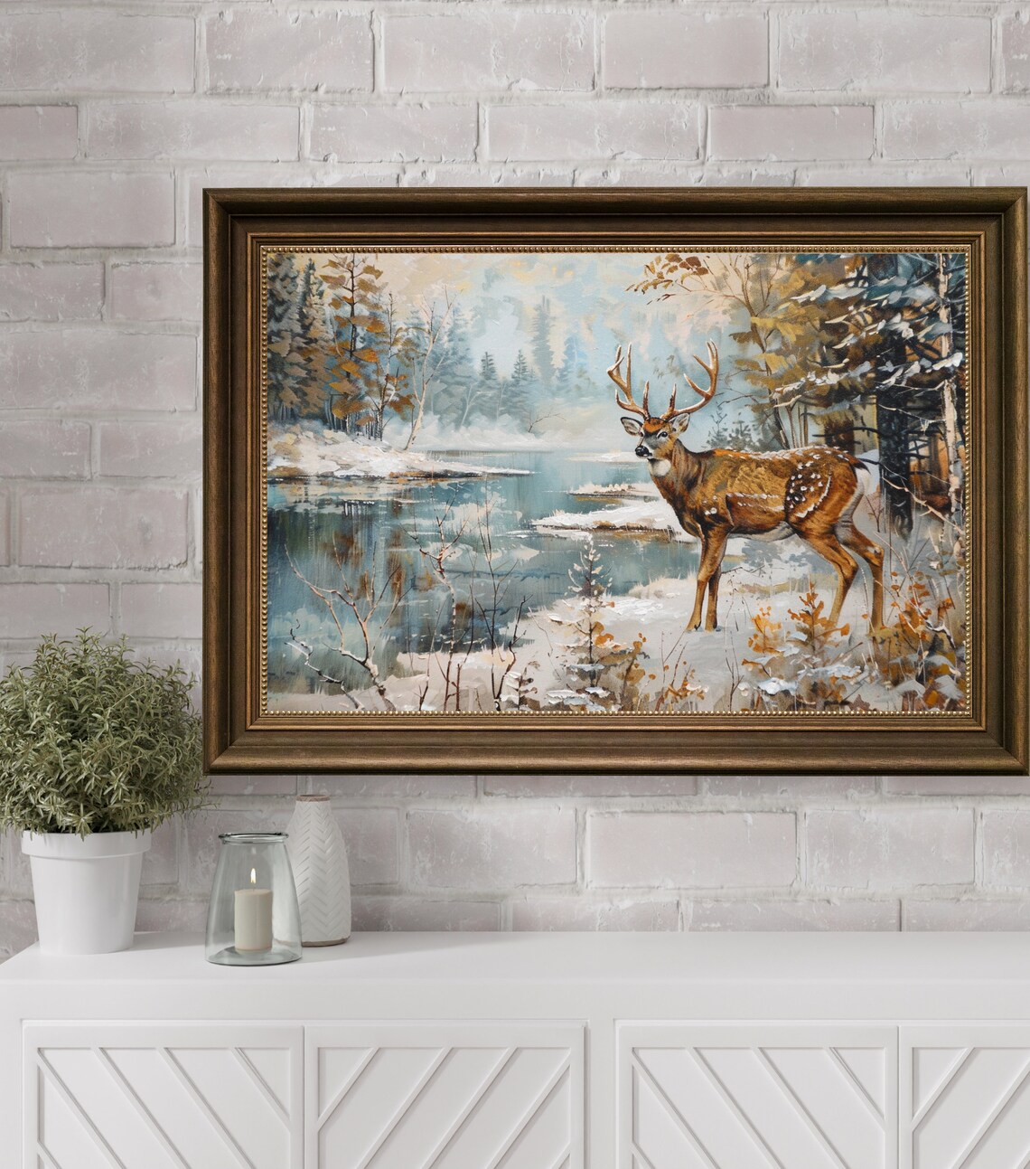 Rustic Deer Painting, Vintage Print, Landscape Painting Cabin Decor ...