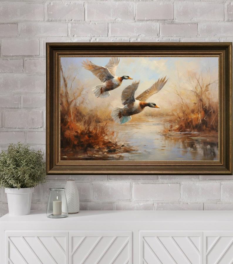 Vintage Flying Duck Oil Painting Art, Duck Wall Art, Bird Wall Art ...