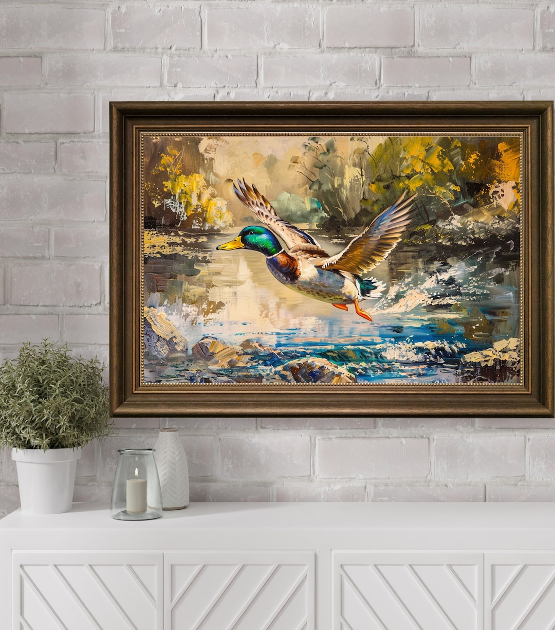 Flying Mallard Duck Art Print, Landscape Wall Decor, Waterfowl ...