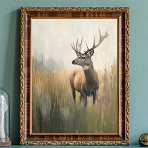 Vintage Deer Painting, Rustic Landscape Print, Deer Landscape Painting ...