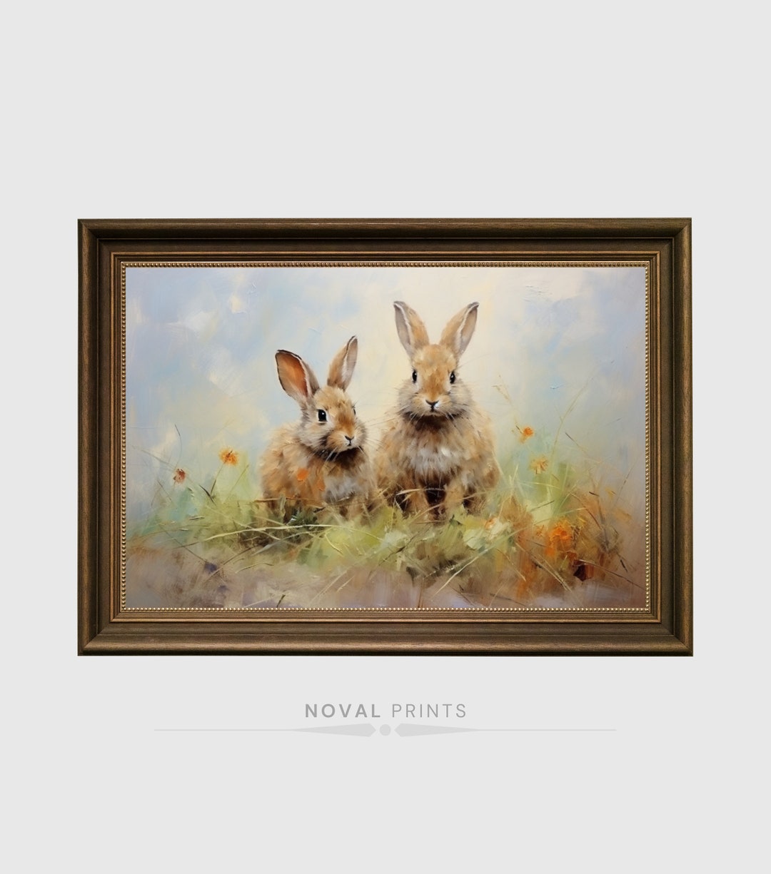 Vintage Couple Rabbits Digital Painting Wall Art, Antique Bunny Print ...