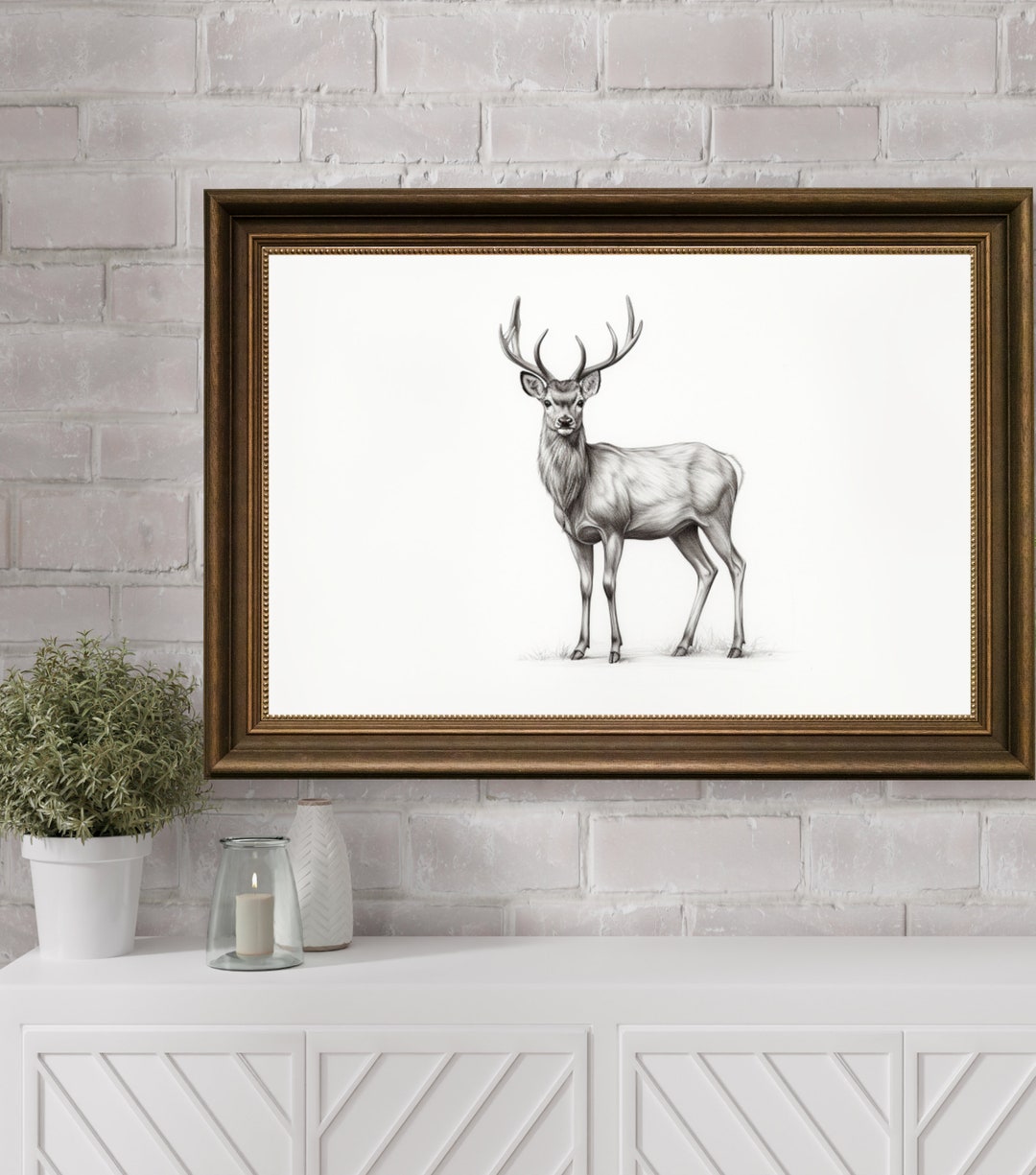 Rustikale Vintage Hirsch Skizze, Waldlandschaft Hirsch Zeichnung, druckbare Hirsch ...