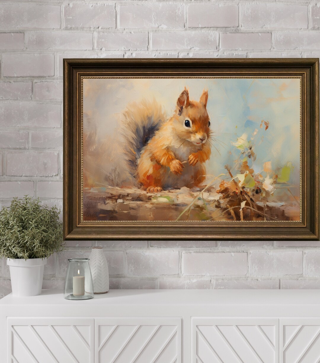 Vintage Squirrel Autumn Oil Painting Wall Art, Farmhouse Decor, Fall ...