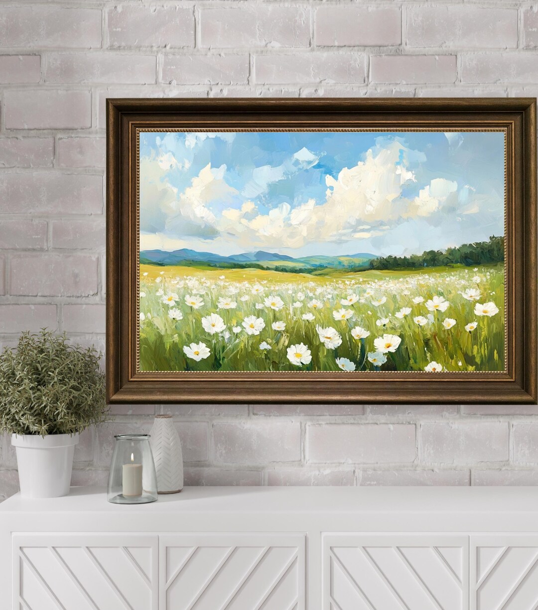 White Flower Field, Vintage Wildflower Field Wall Art, Field of Flowers ...