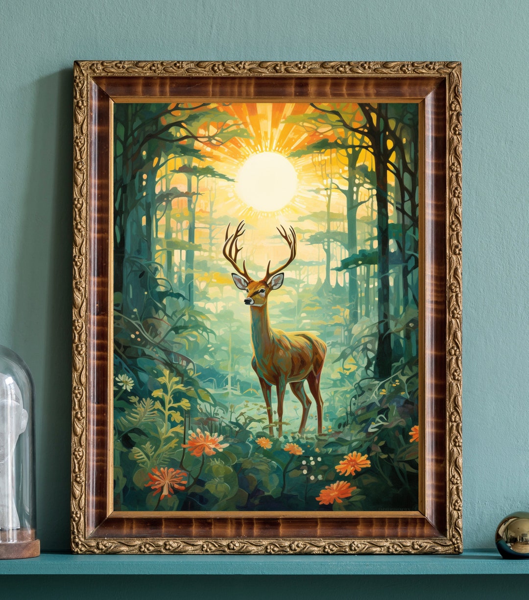 Vintage Art Landscape and Sun Deer Printable Retro Digital Painting ...