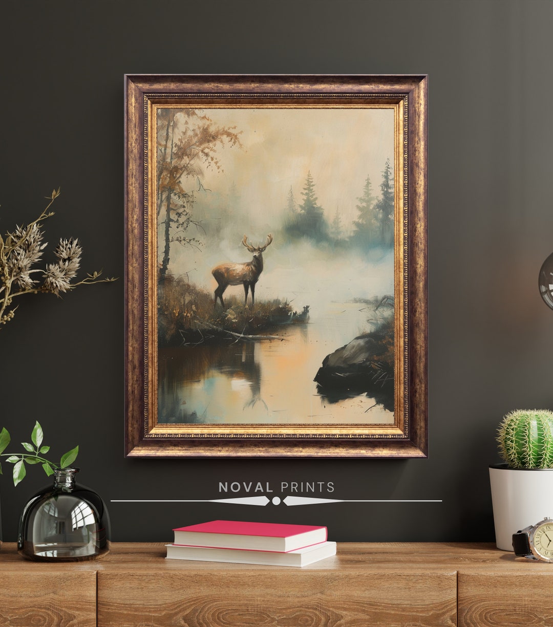 Vintage Deer Nature Landscape River Wall Art Print, Digital Deer Art ...
