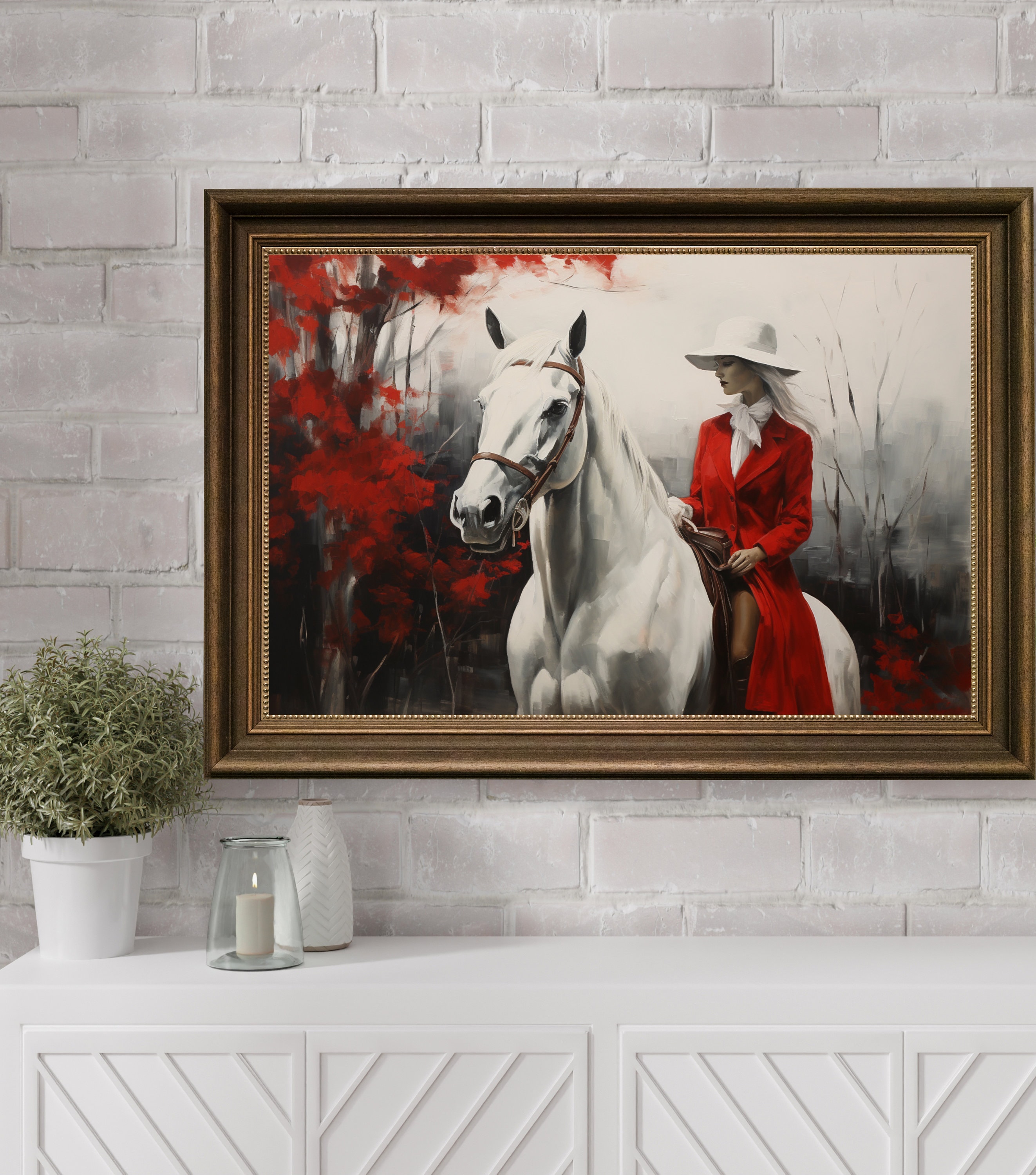 Women Riding Modern White Horse Wall Art, Winter Wall Art, Vintage ...