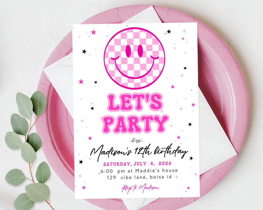 Smiley Face Invite, Smiley Face Birthday Invitation, Girl Retro Theme ...