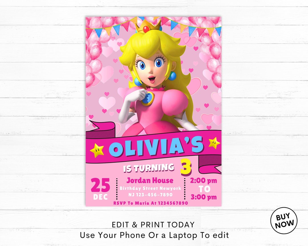 Invitación de cumpleaños de la princesa Peach invitación de - Etsy México