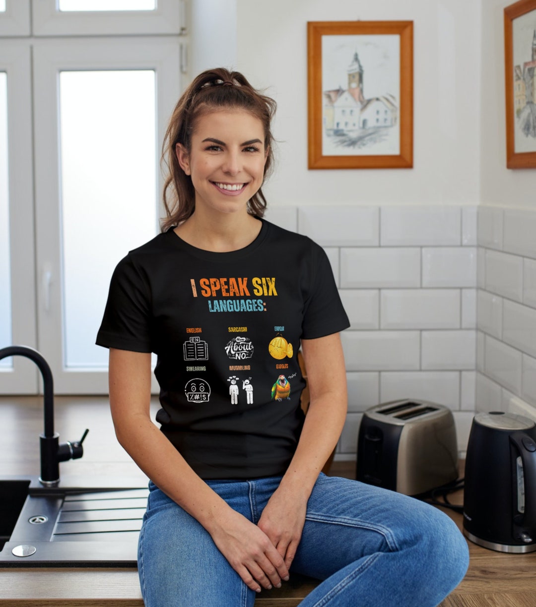 Language Humour T Shirt: 6 Languages English, Wit, Emoticons, Phrases ...
