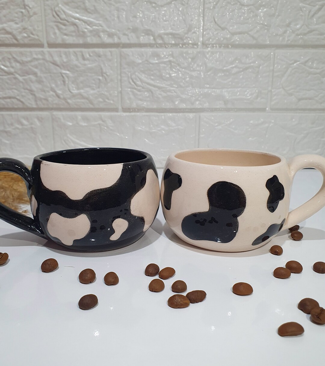 COW SPOT MUG Handmade Ceramic Set for Couple, Black and White Hand ...