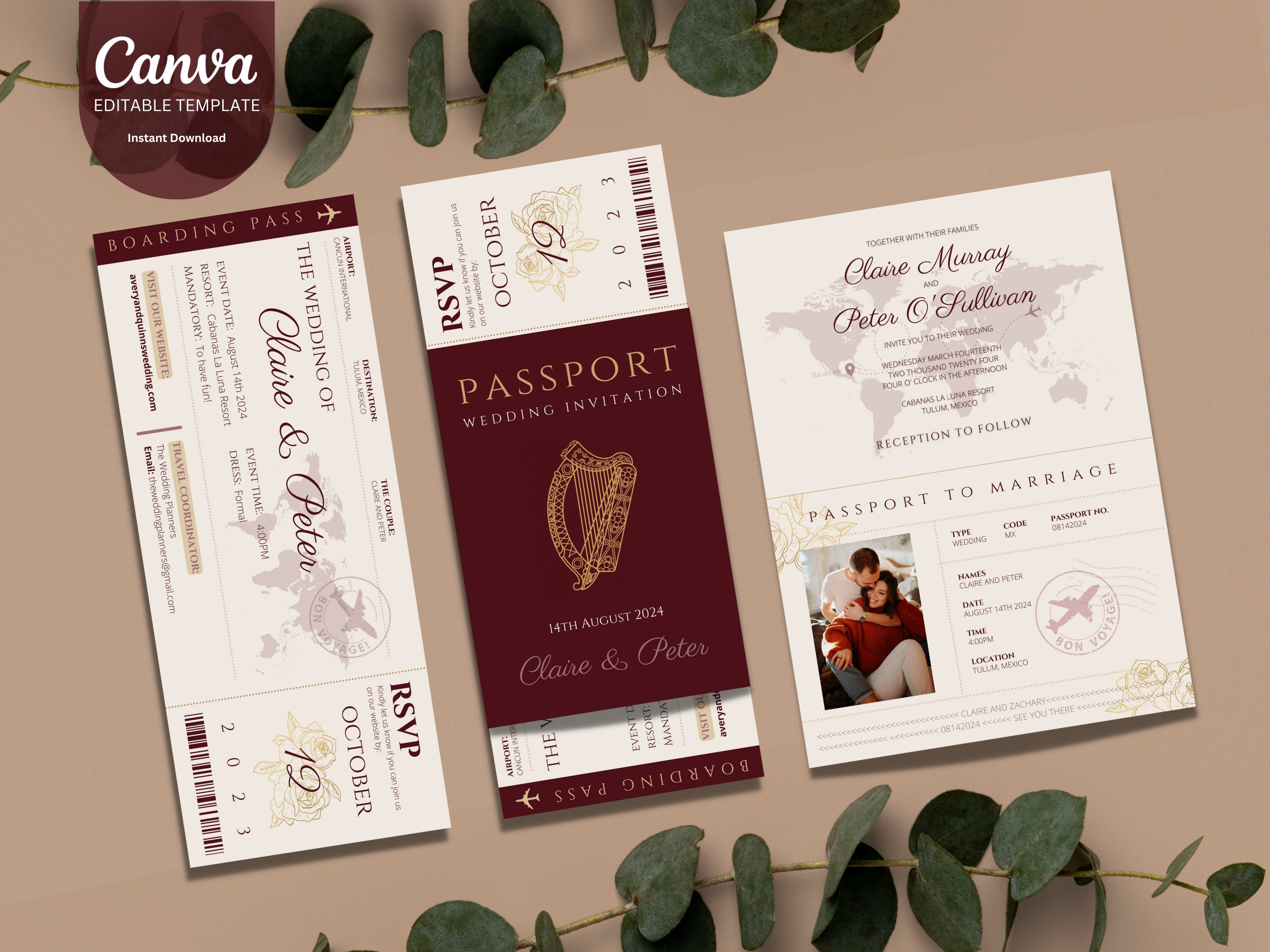 Passport Wedding Invitation Boarding Pass Editable Template Destination ...