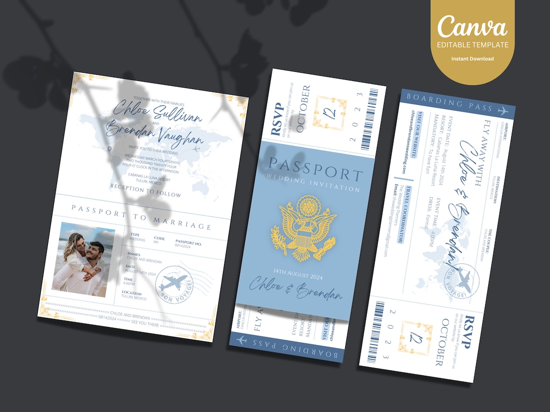 Passport Wedding Invitation Boarding Pass Editable Template Destination Wedding Invitation Dusty ...