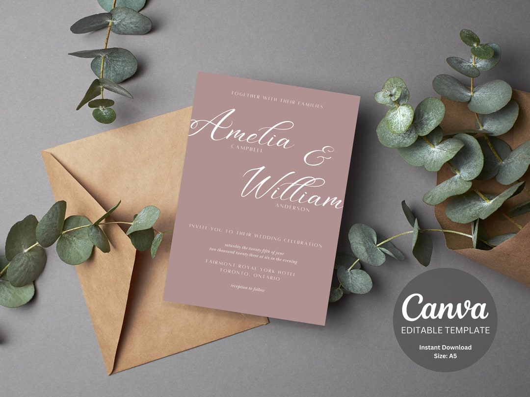 Rose Gold Minimalist Wedding Invitation | Editable Canva Template ...