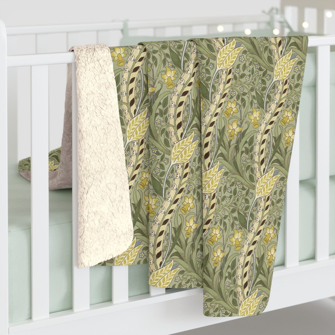 William Morris Daffodil Sherpa Throw - Lightweight Fleece, Floral, Mcm, Arts and Crafts ...