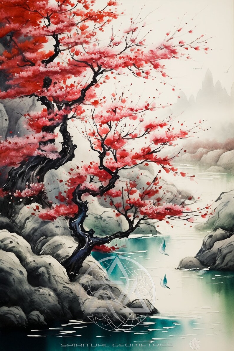 Japan Art, Tree, River, Japanese Landscape, Water Colors Style, Cherry Tree, Harmony of Nature ...