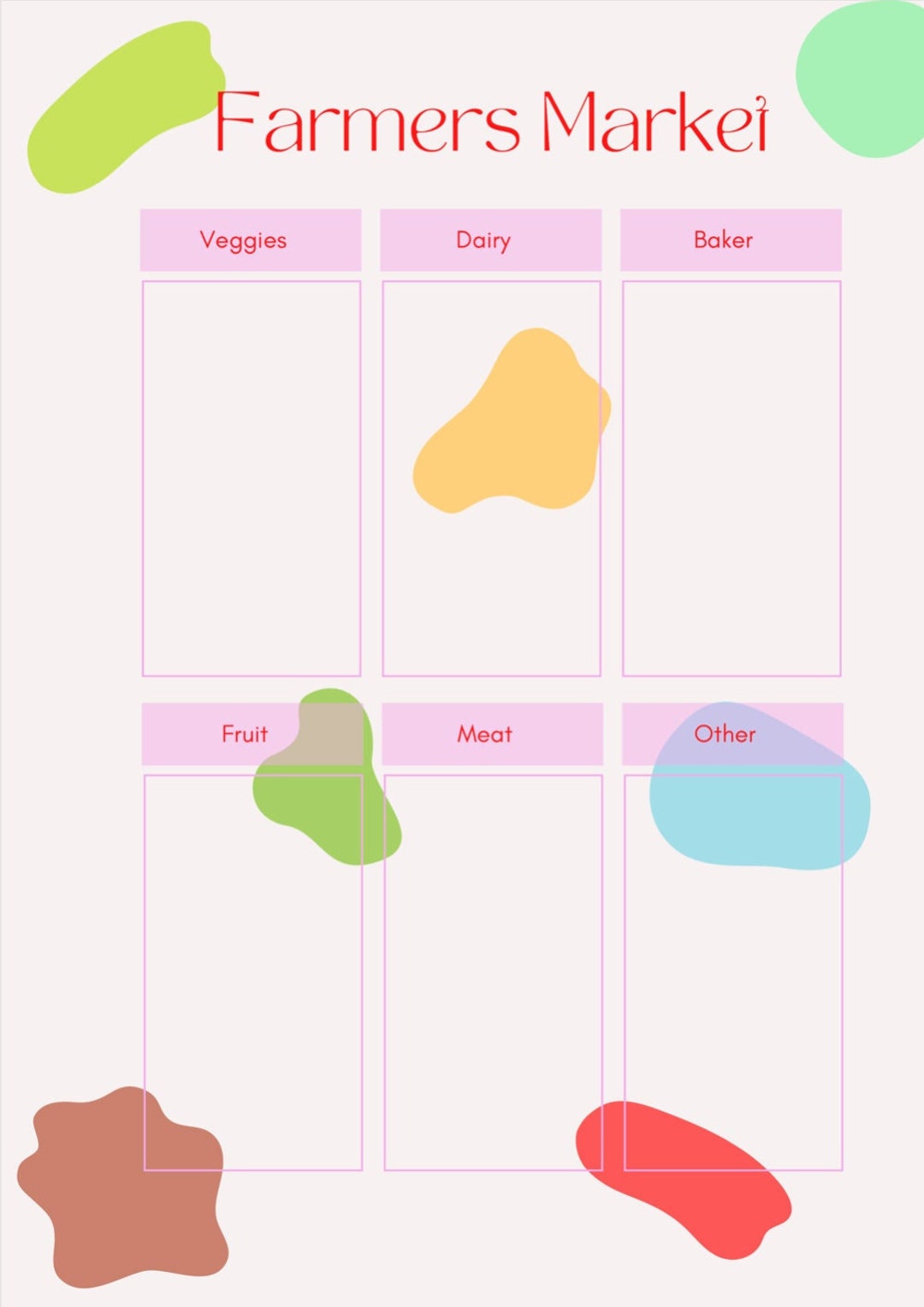 Farmers Market Shopping List Printable | Market Shopping List| Weekly ...