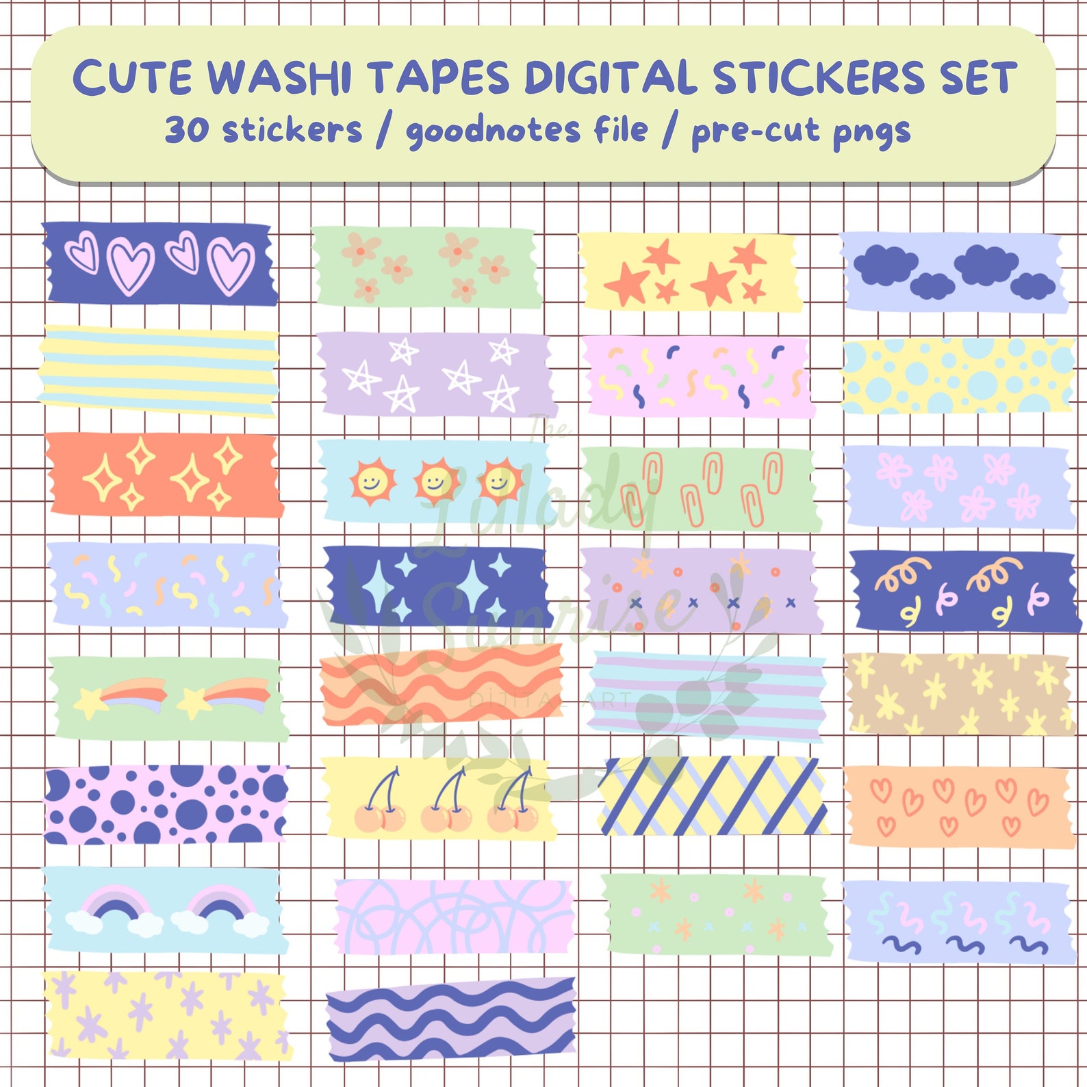 30 Cute Washi Tape Digital Stickers Set for Goodnotes, Individual Pngs ...