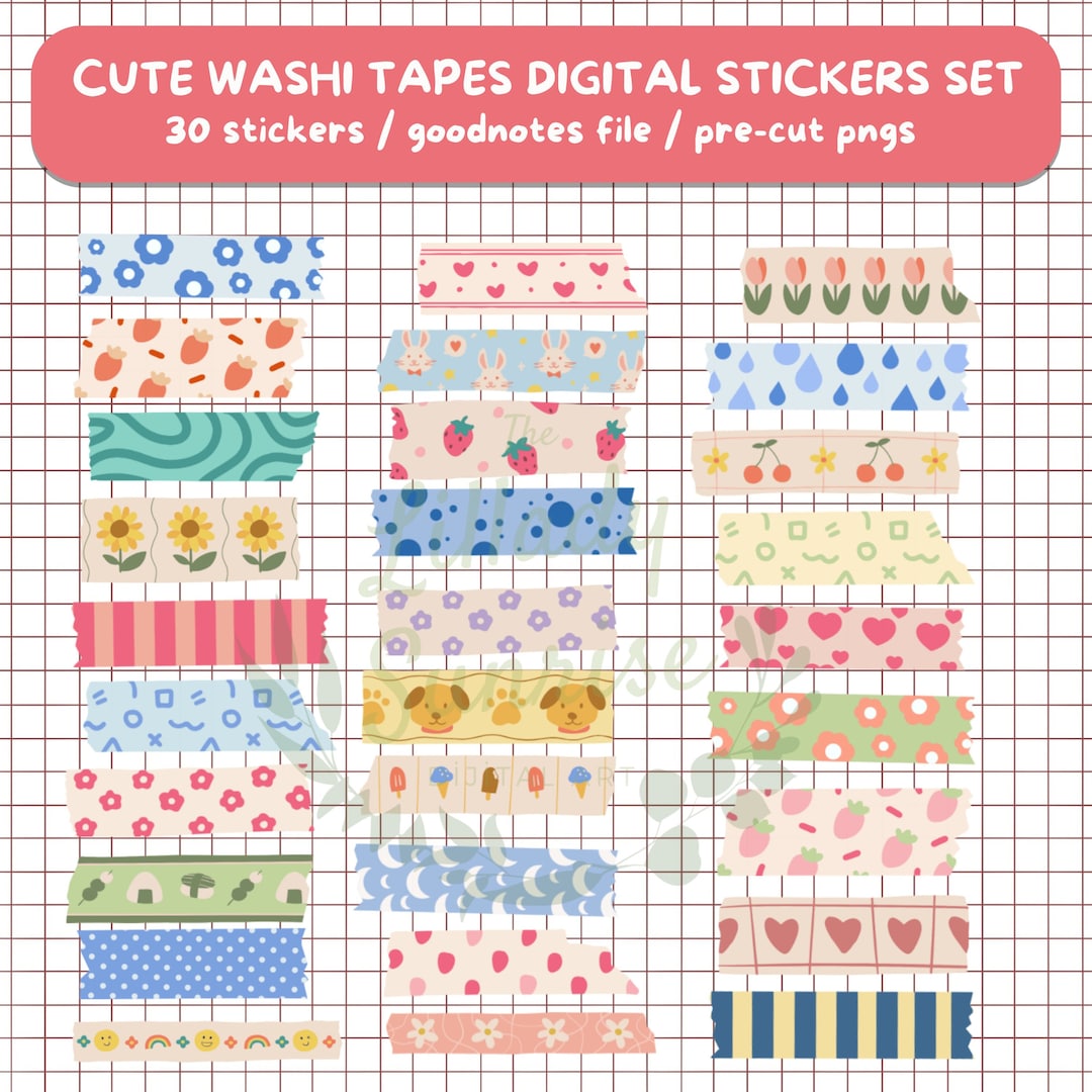 30 Cute Washi Tape Digital Stickers Set for Goodnotes, Individual Pngs ...