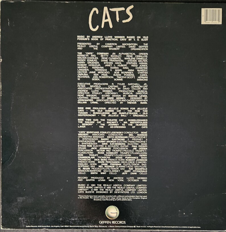 Cats Original Broadway Recording. Vintage 1983 Vinyl LP. FREE SHIPPING ...