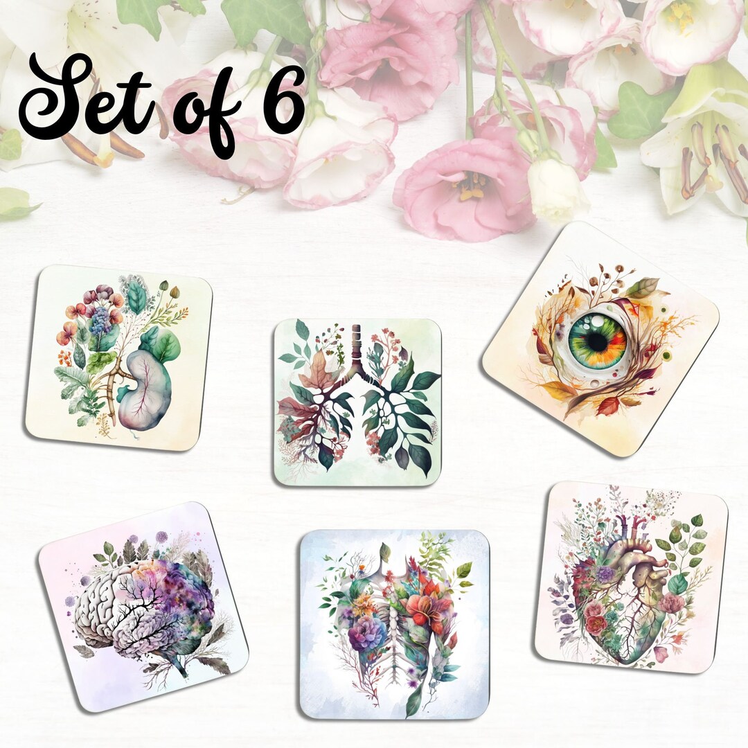 Human Anatomy Gift, Anatomy Nursing Coaster Set, Floral Human Anatomy ...